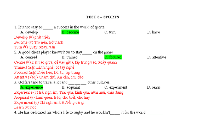 TEST 3 - Sports - Vocabulary and Comprehension Exercises - Studocu