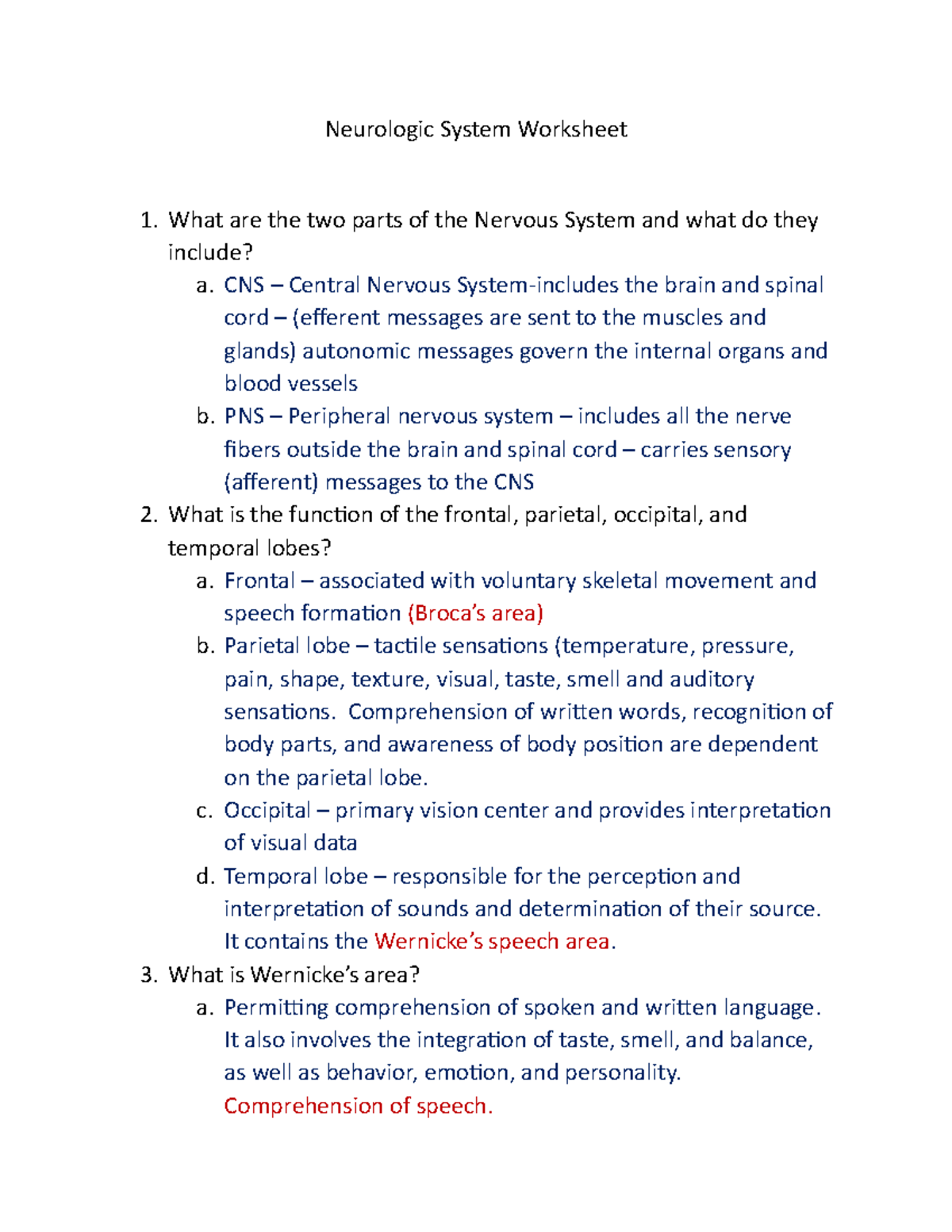 Neurologic System Worksheet: Key Concepts and Definitions - Studocu