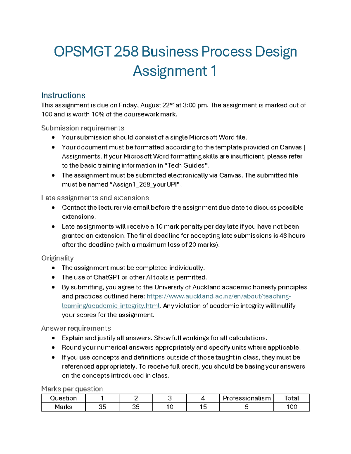 OPSMGT 258 Business Process Design Assignment 1 Guidelines - Studocu