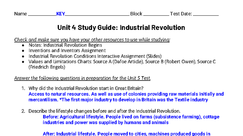 Unit 4 Study Guide: Industrial Revolution Overview and Key Concepts ...