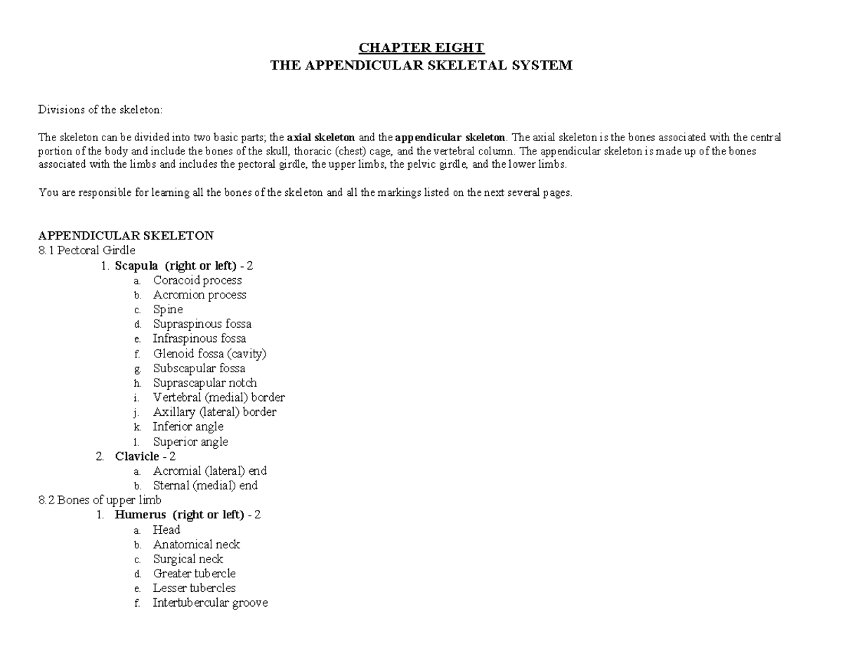 Chapter 8 appendicular Skeleton - CHAPTER EIGHT THE APPENDICULAR SKELETAL SYSTEM Divisions of ...