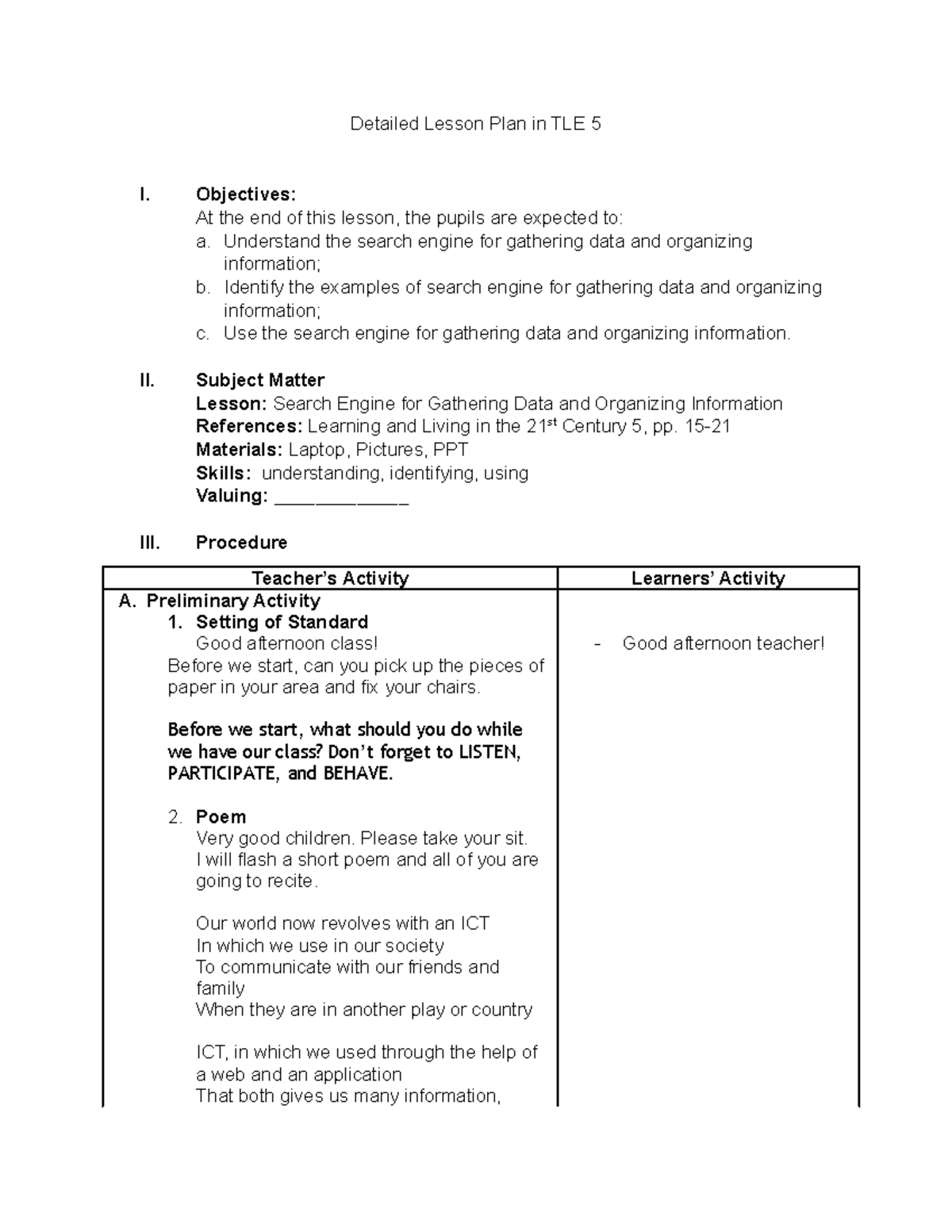 TLE 5 Detailed Lesson Plan: Using Search Engines for Info Gathering - Studocu