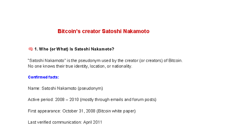 Bitcoin's Creator: Satoshi Nakamoto - Key Facts & Theories - Studocu