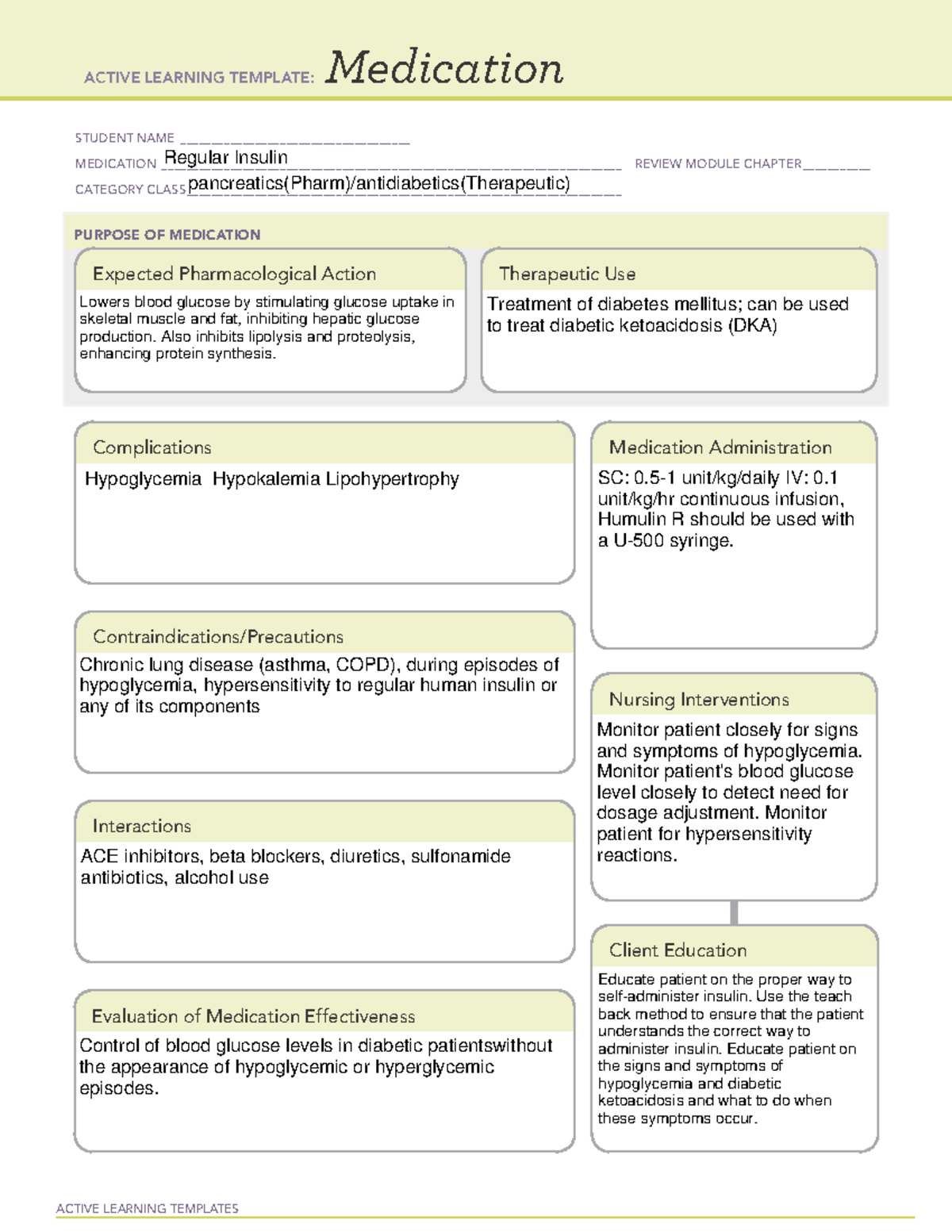 Regular Insulin Med Card - Active Learning Template for Nursing - Studocu