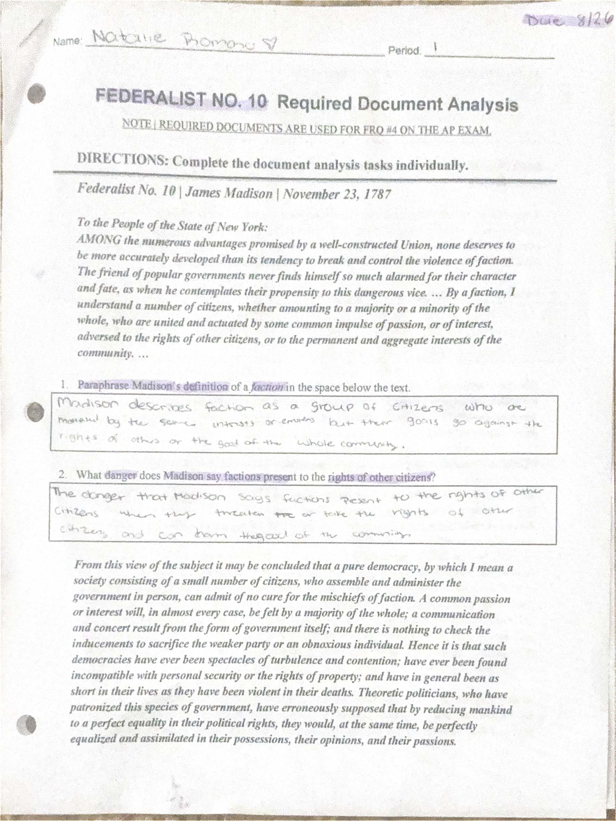 Federalist No. 10 Analysis - AP Exam Required Docs (2SI) - Studocu