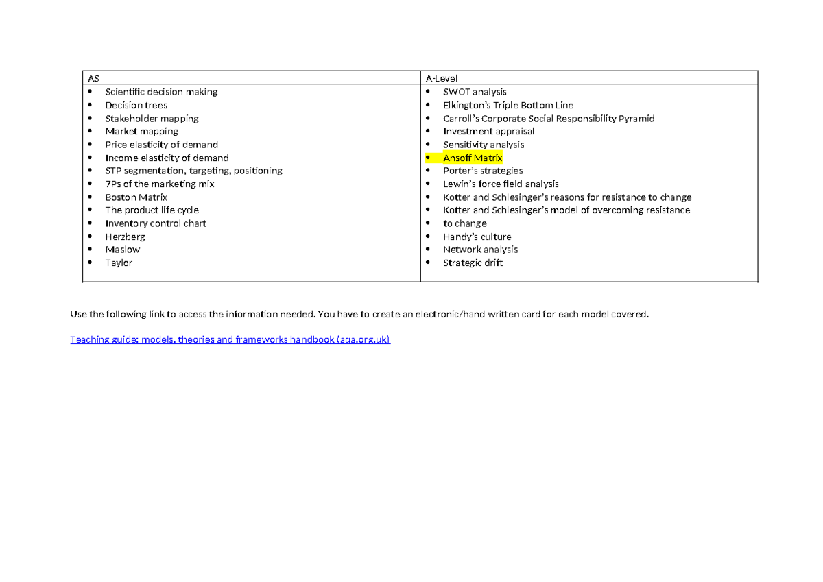 A Level Business Models Flashcards: Key Concepts & Applications - Studocu