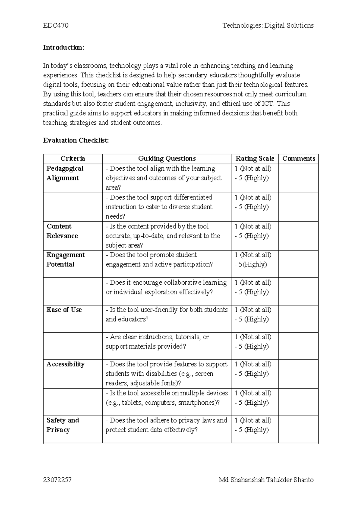 EDC470 Digital Solutions Evaluation Checklist for Educators - Studocu