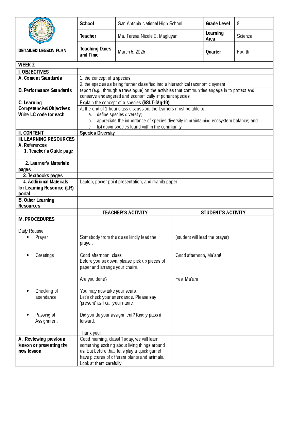 Species Diversity - lesson plan - DETAILED LESSON PLAN School San ...