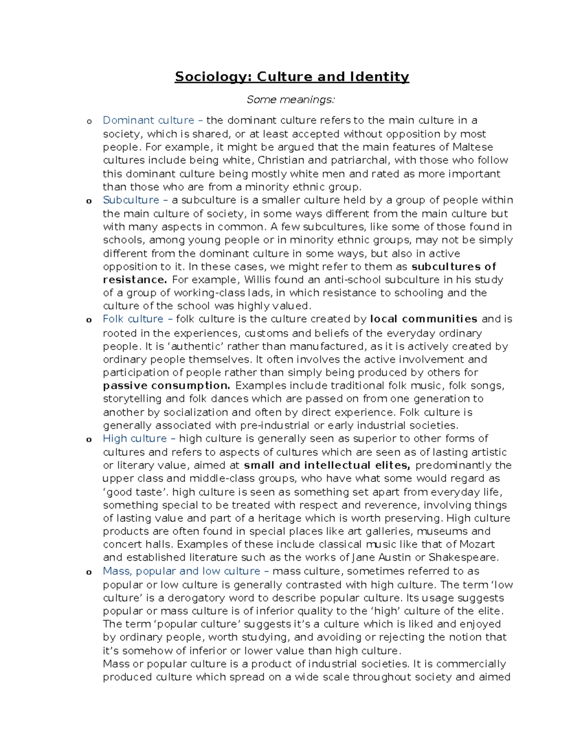 Sociology: Culture and Identity Overview and Key Concepts - Studocu