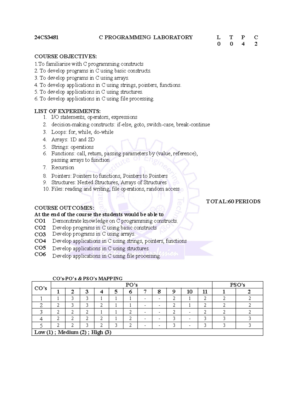 24CS3481 C & Python Programming Laboratory Syllabus - Studocu
