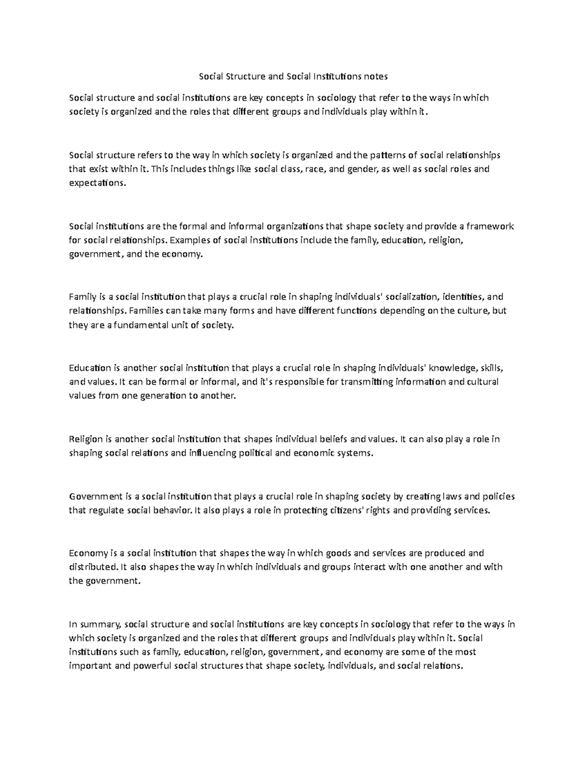 Social Structure and Social Institutions notes - Social structure ...