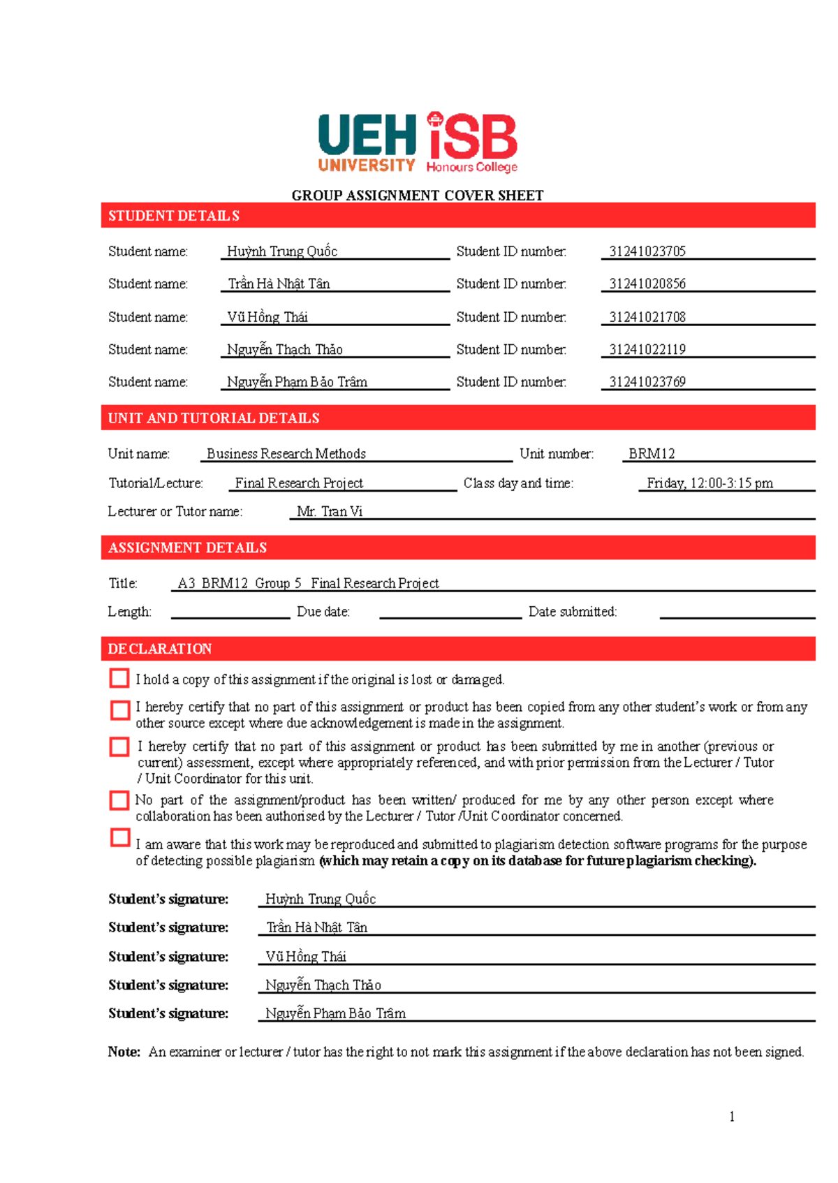 A3 BRM12 Group 5 Final Research Project Cover Sheet - Studocu