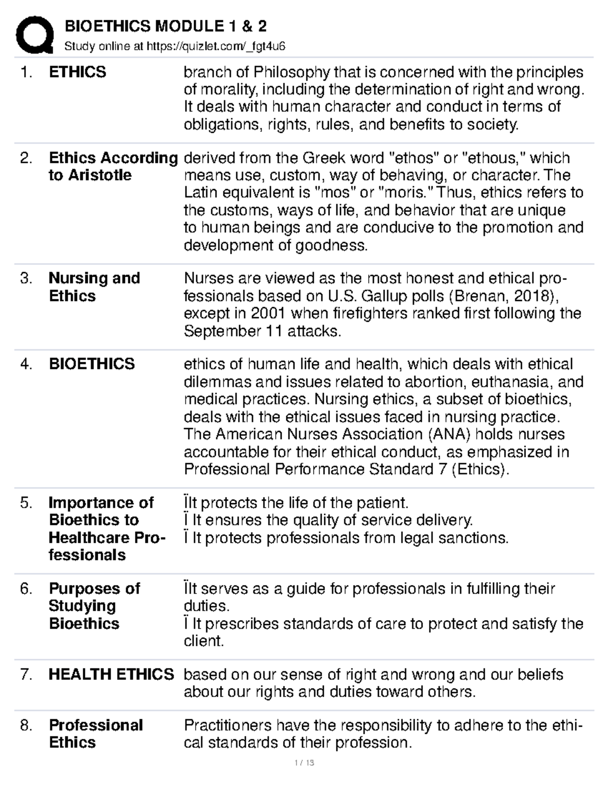 BIOETHICS MODULE 1: Key Concepts and Ethical Principles - Studocu
