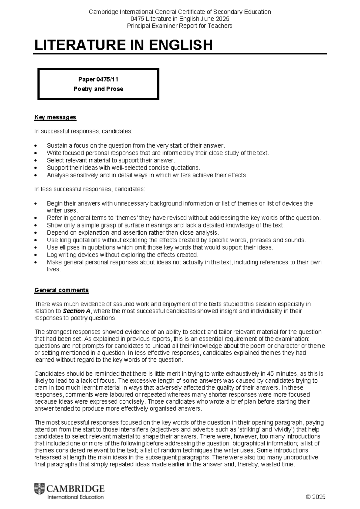 Cambridge International 0475 Literature in English June 2025 Principal ...