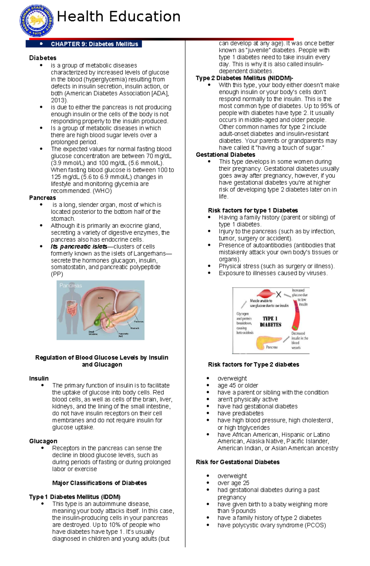 Health Education CHAPTER 9: Diabetes Mellitus Overview and Management ...