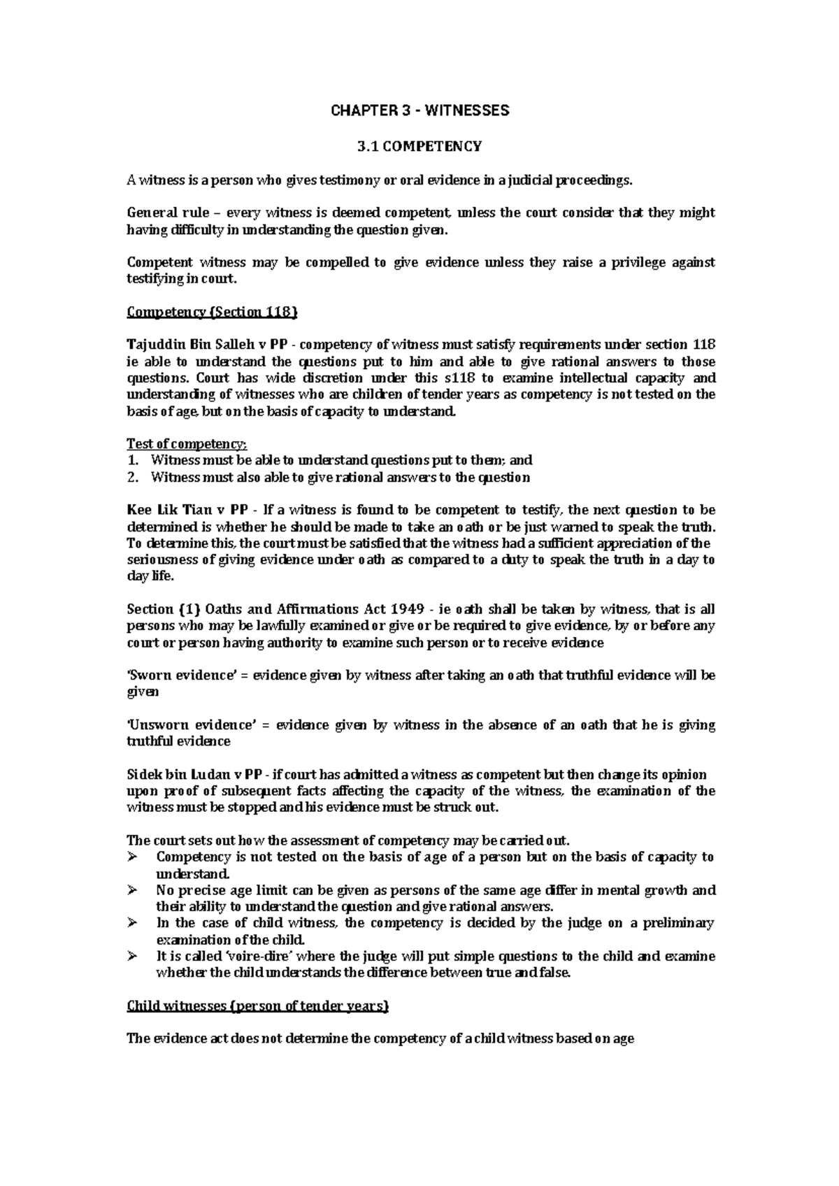 Chapter 3 - Witnesses: Competency and Compellability in Law - Studocu
