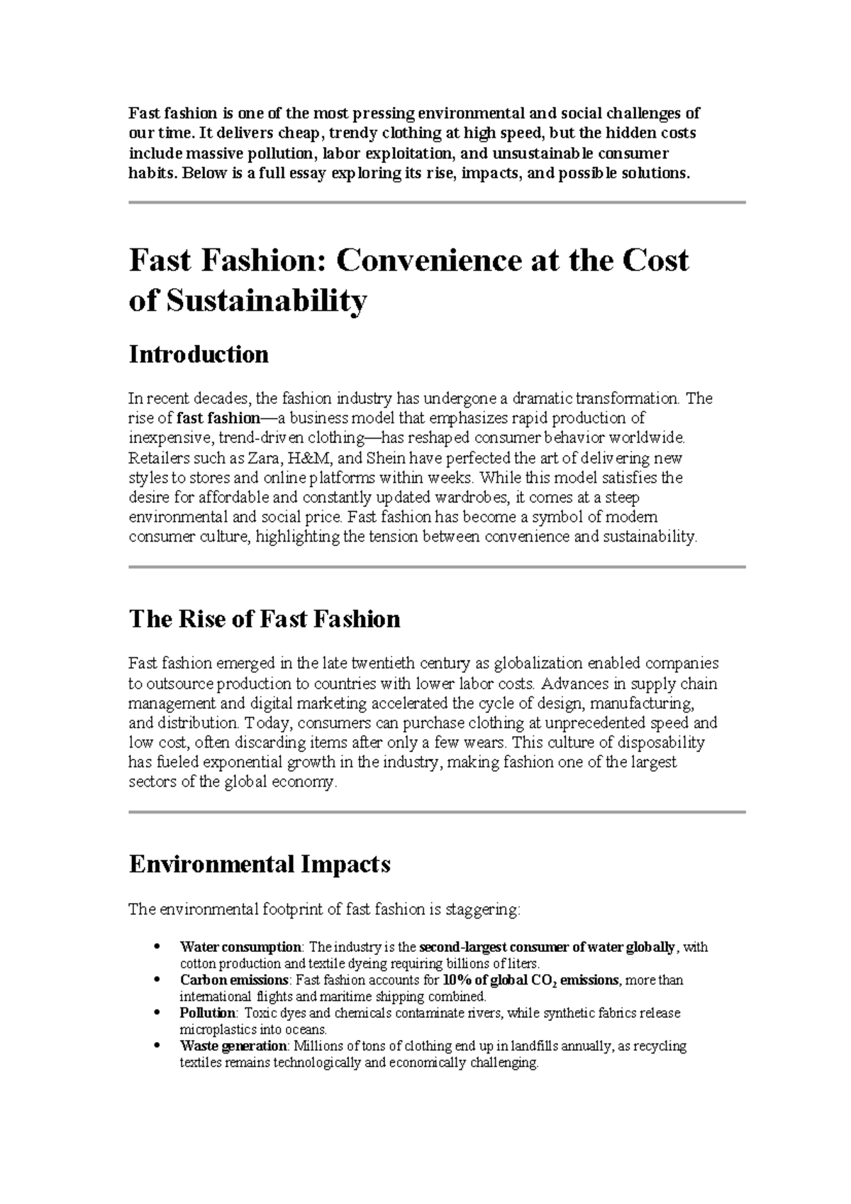 ENG 101 Essay: The Environmental and Social Costs of Fast Fashion - Studocu