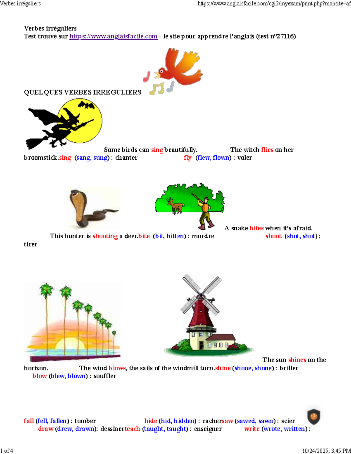 Test de Verbes Irréguliers 1/4 - Apprentissage et Exercices - Studocu