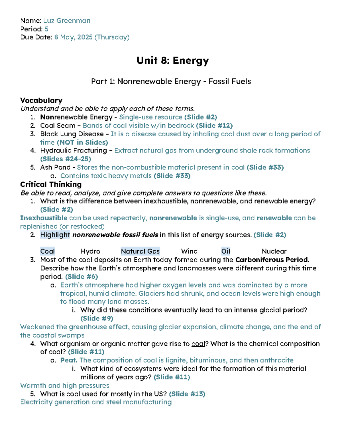 Energy (Unit 8, Pts. 1 & 2) Study Guide: Nonrenewable & Renewable ...