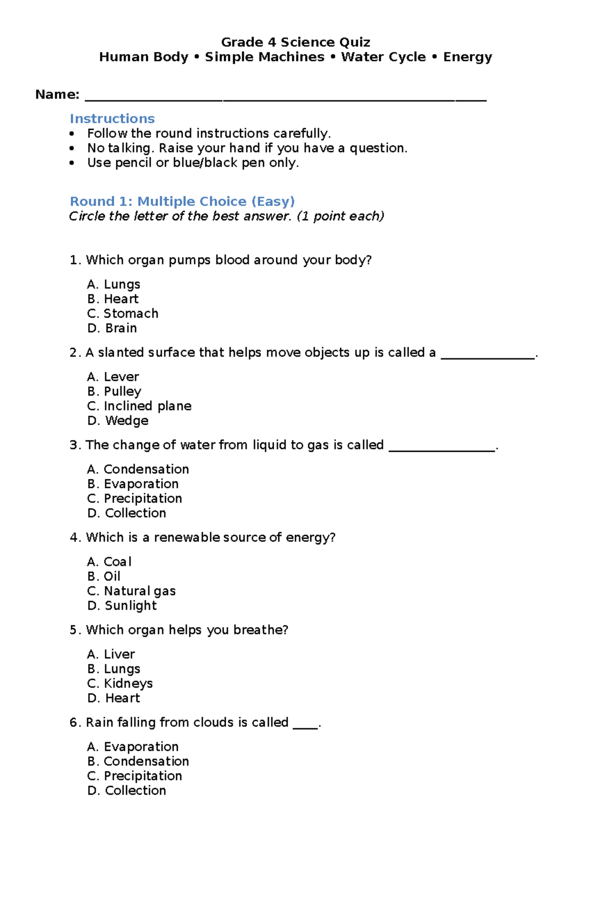 Grade 4 Science Quiz: Human Body, Simple Machines & Water Cycle - Studocu