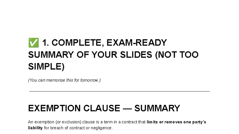 1. Exemption Clause Summary & Problem Questions (LAW 101) - Studocu