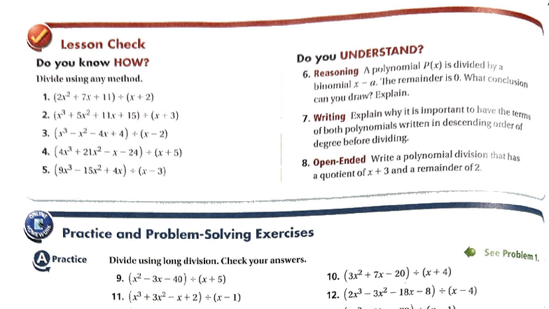 Lesson 4.4: Polynomial Division Techniques and Exercises - Studocu