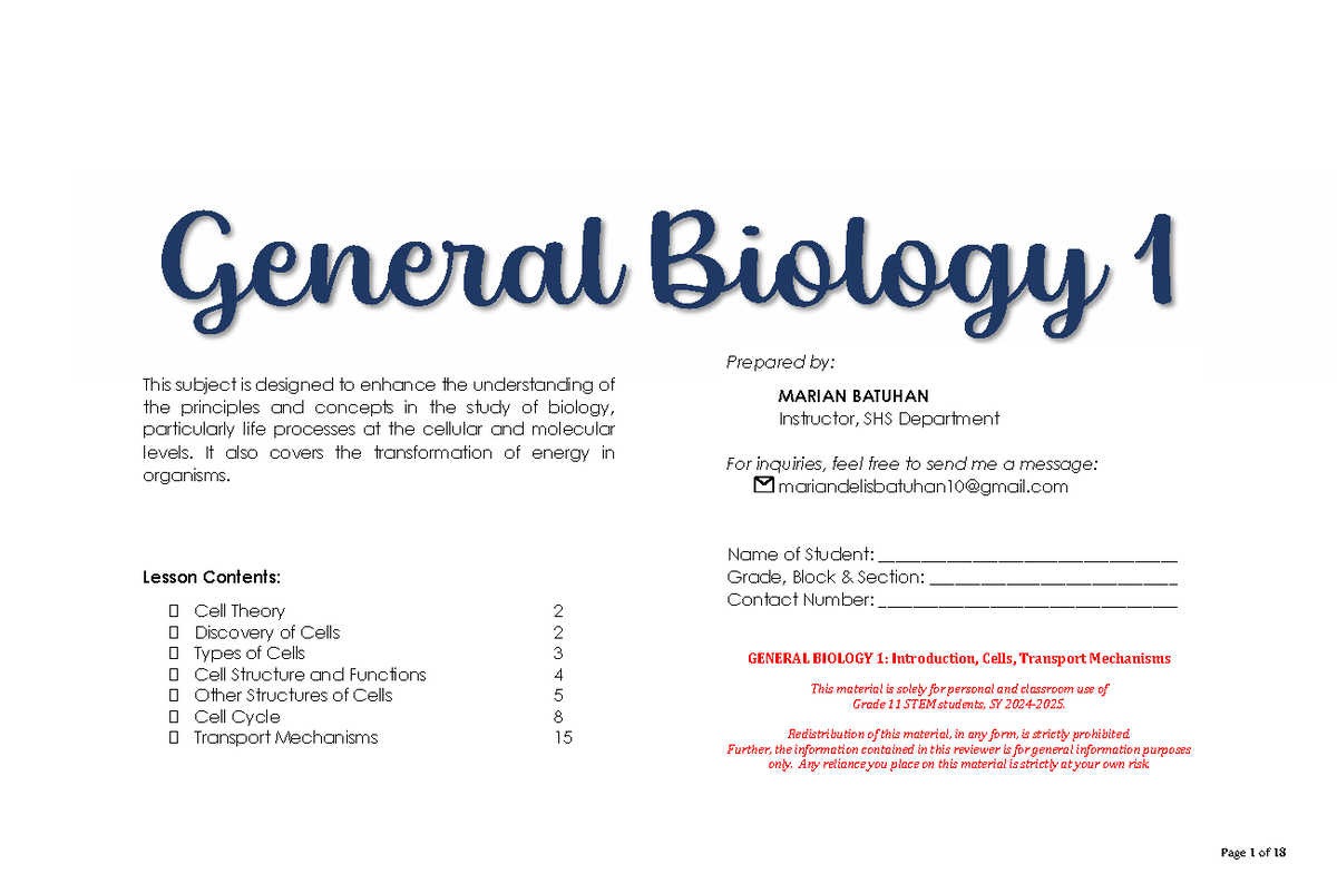 General Biology 1: Key Concepts and Lesson Overview for SY 2024-2025 ...