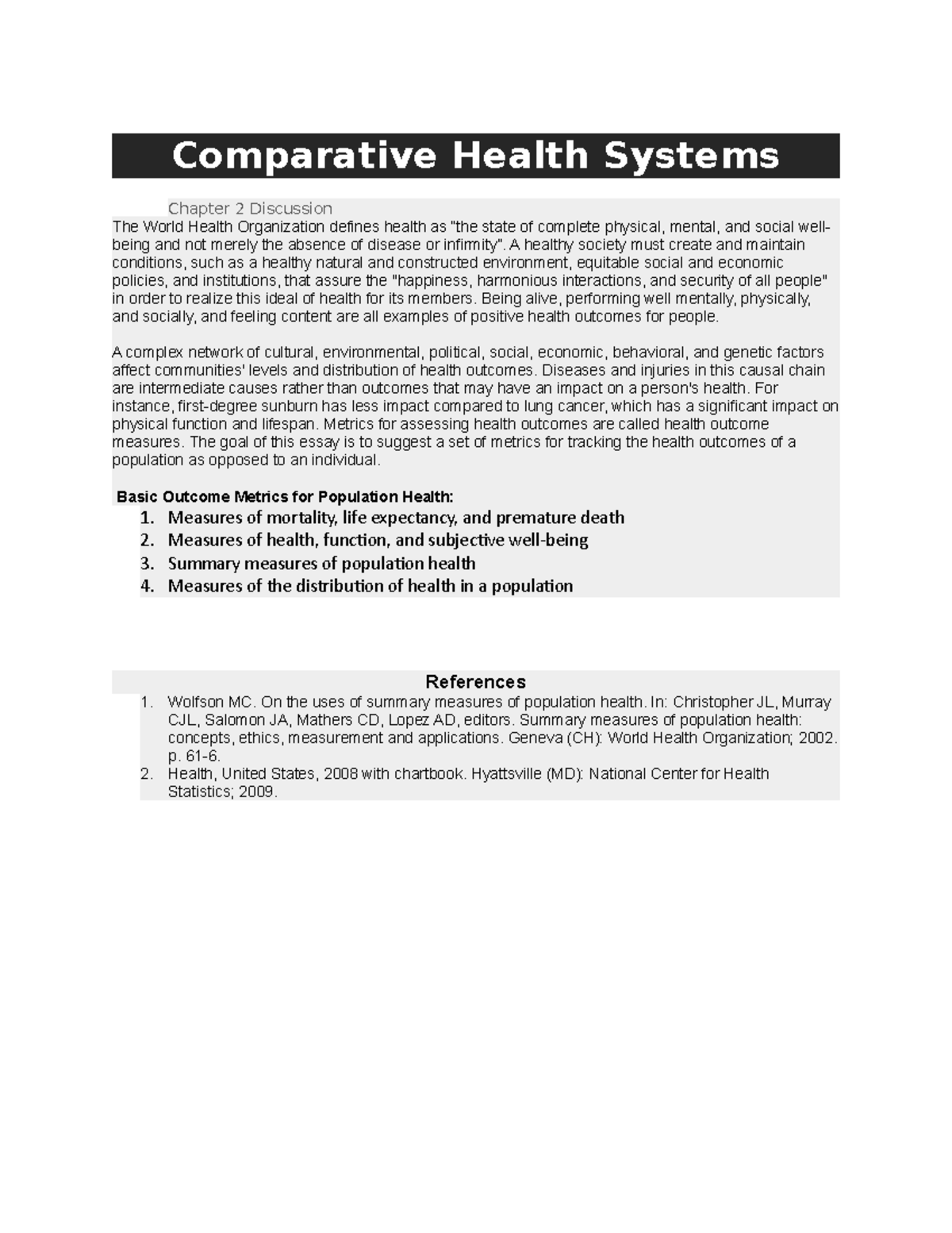 Chapter 2 Discussion - Comparative Health Systems Chapter 2 Discussion ...