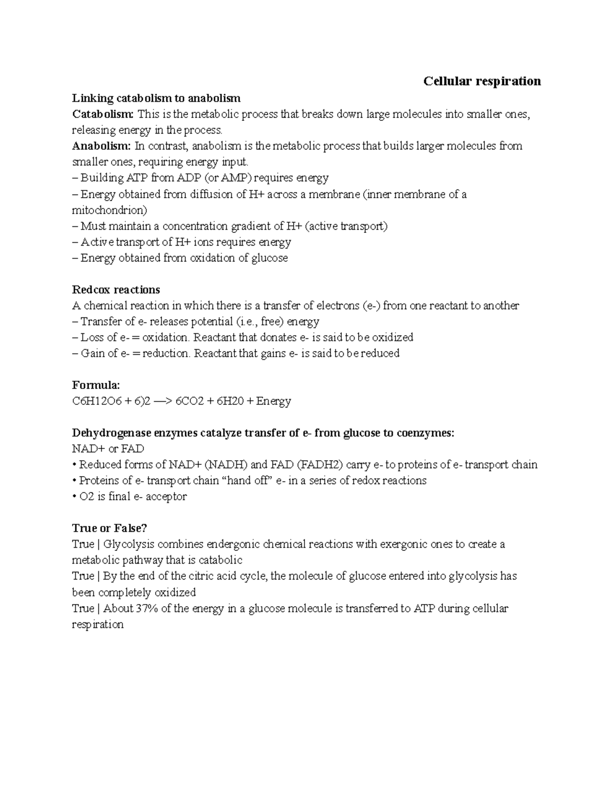 BIOL 189 Lecture Notes: Cellular Respiration & DNA Replication - Studocu
