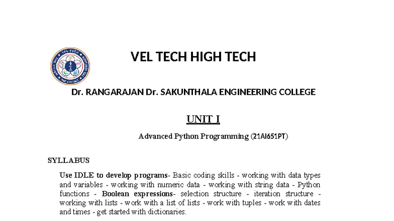 Unit I Advanced Python Programming (21AI651PT) Study Notes - Studocu