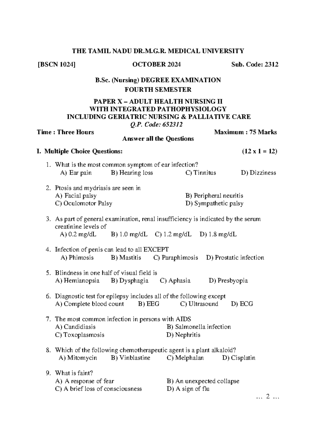 B.Sc. (Nursing) 2312 Adult Health Nursing II Q.P. Code: 652312 Question ...