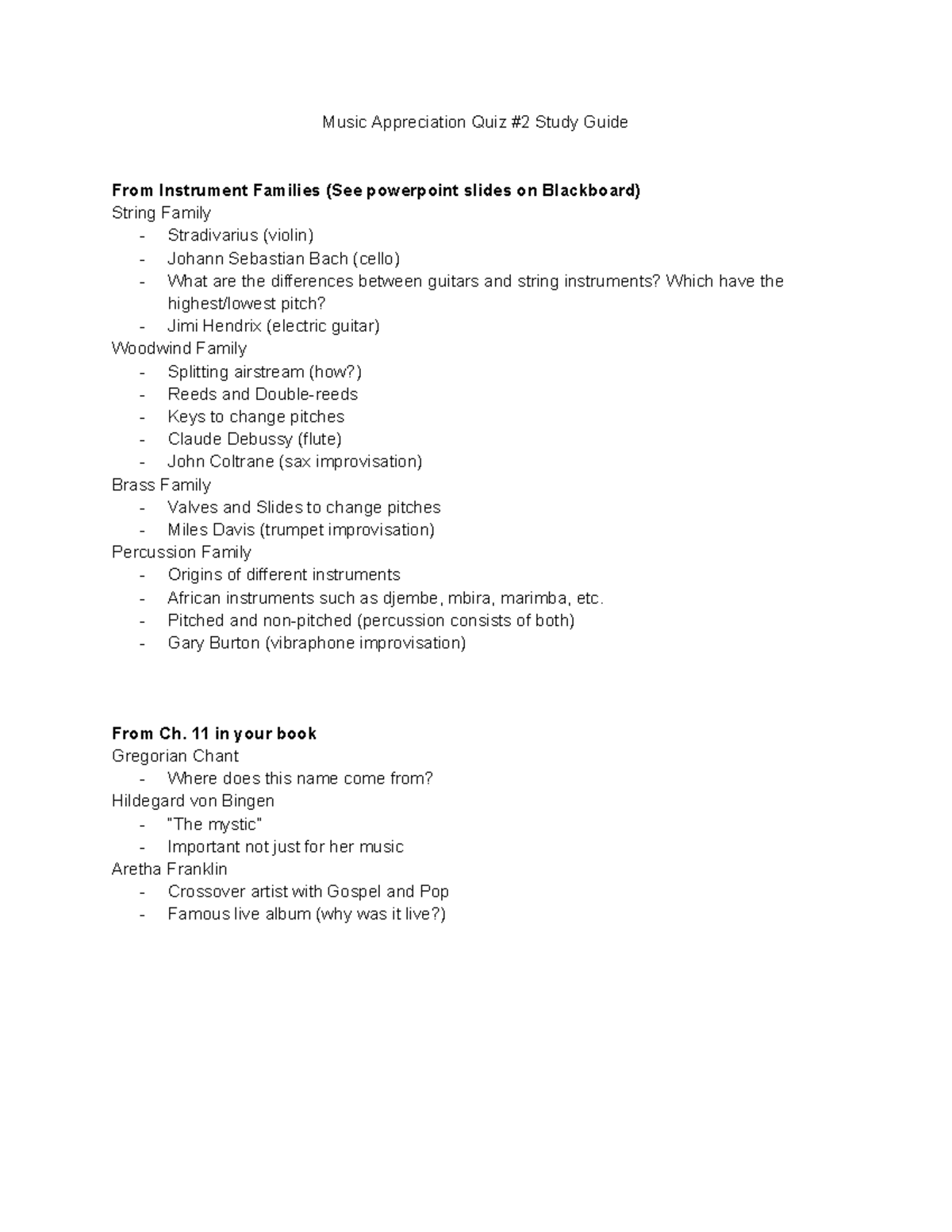 Music Appreciation (MUS 101) Quiz #2 Study Guide - Instrument Families ...