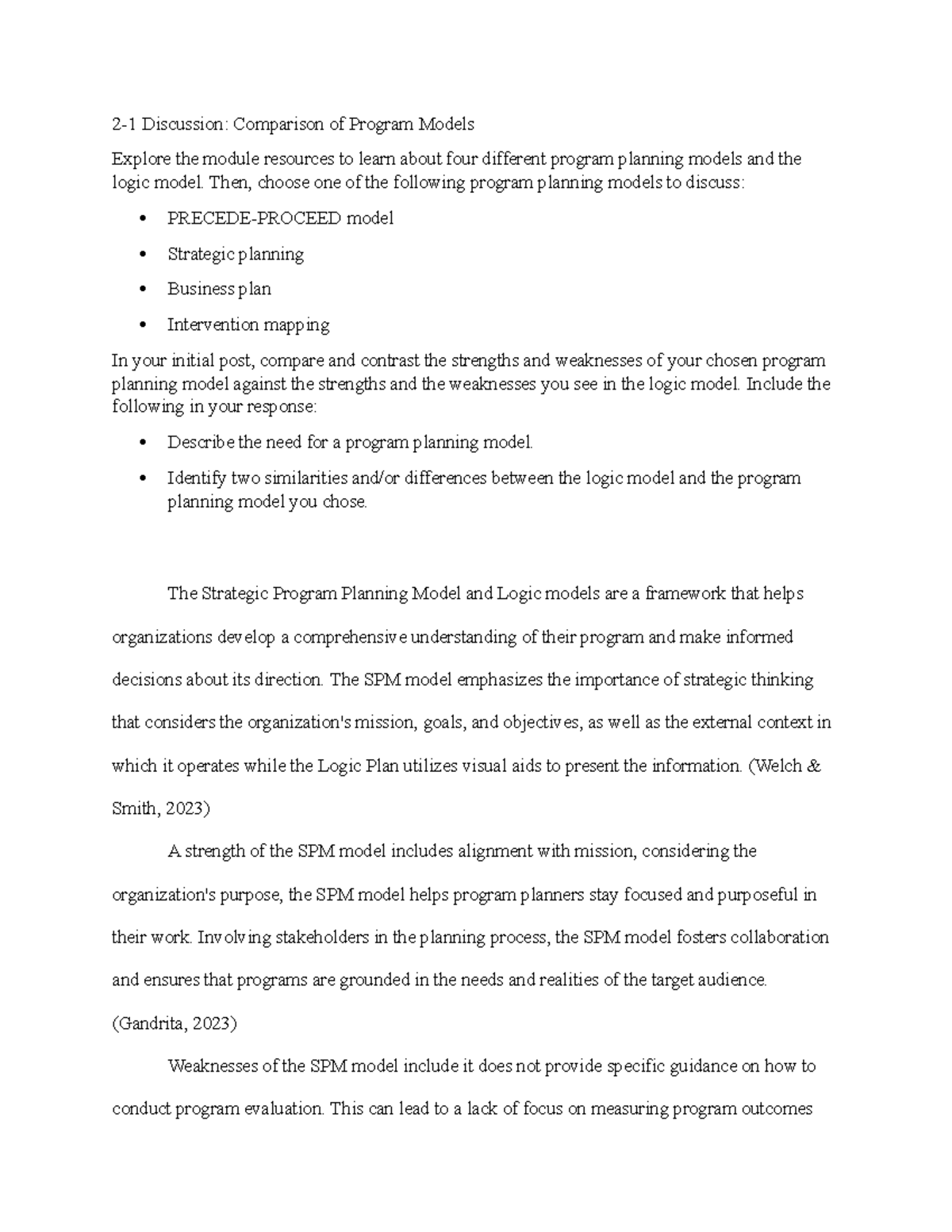 2-1 Discussion: Comparing Program Planning Models and Logic Model - Studocu