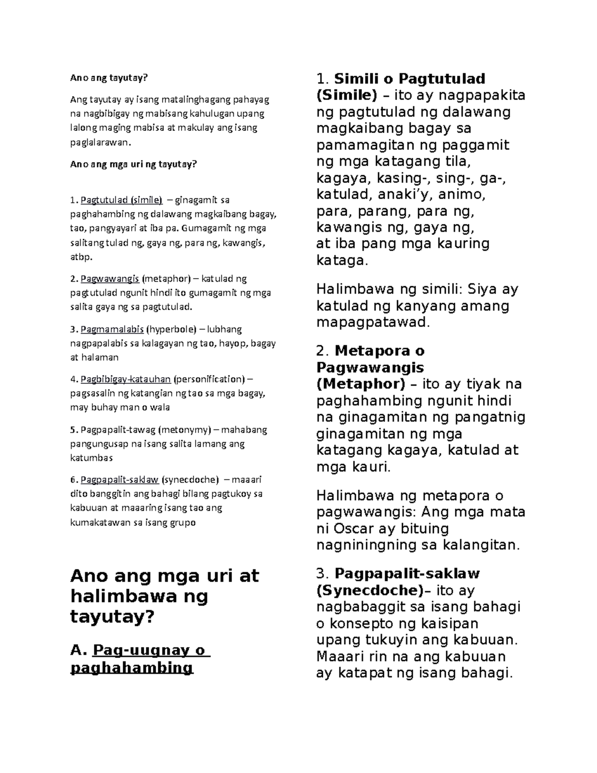 Tayutay at Idyoma: Mga Halimbawa at Kahulugan ng Pahayag - Studocu