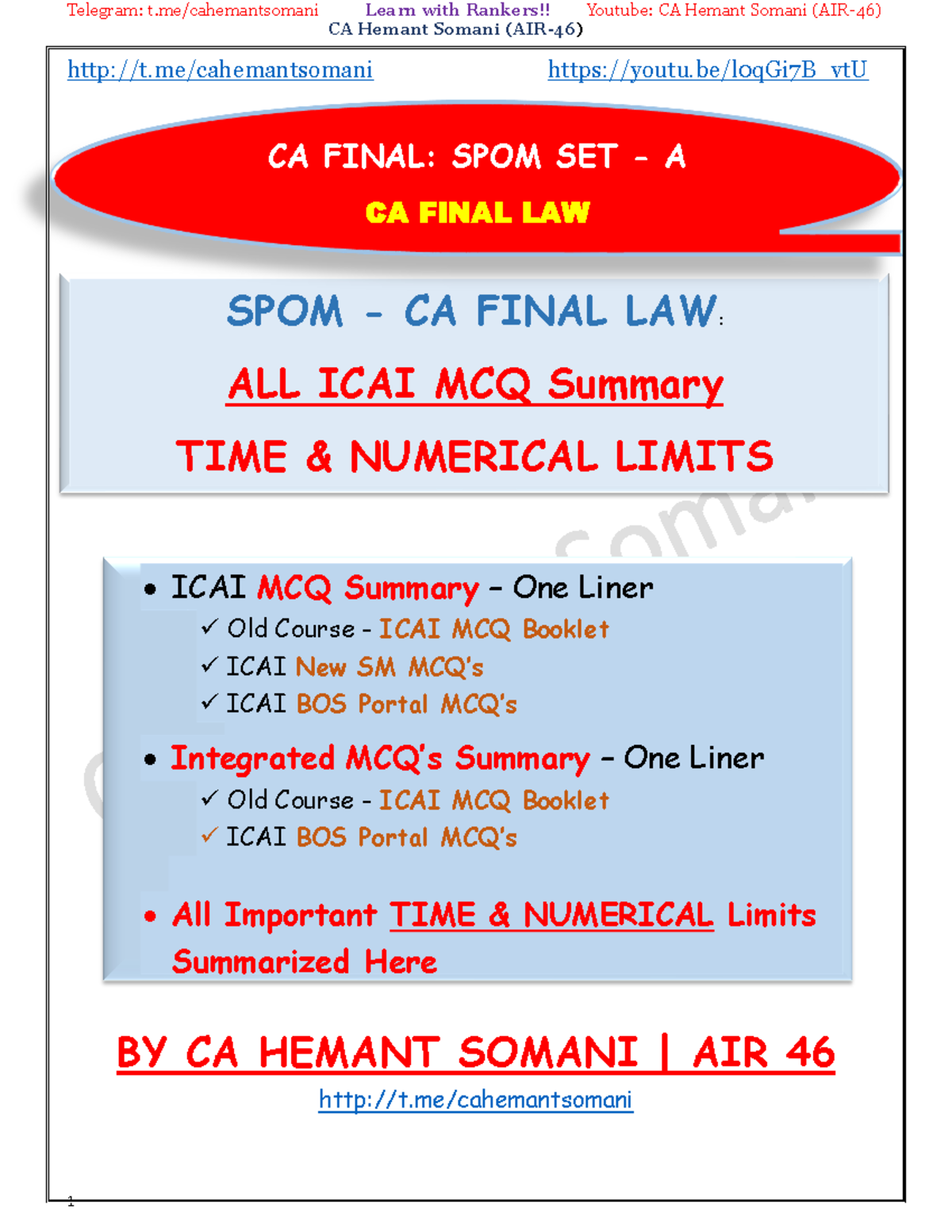 LAW SPOM CA FINAL MCQs & Time Numerical Limits Summary Guide - Studocu