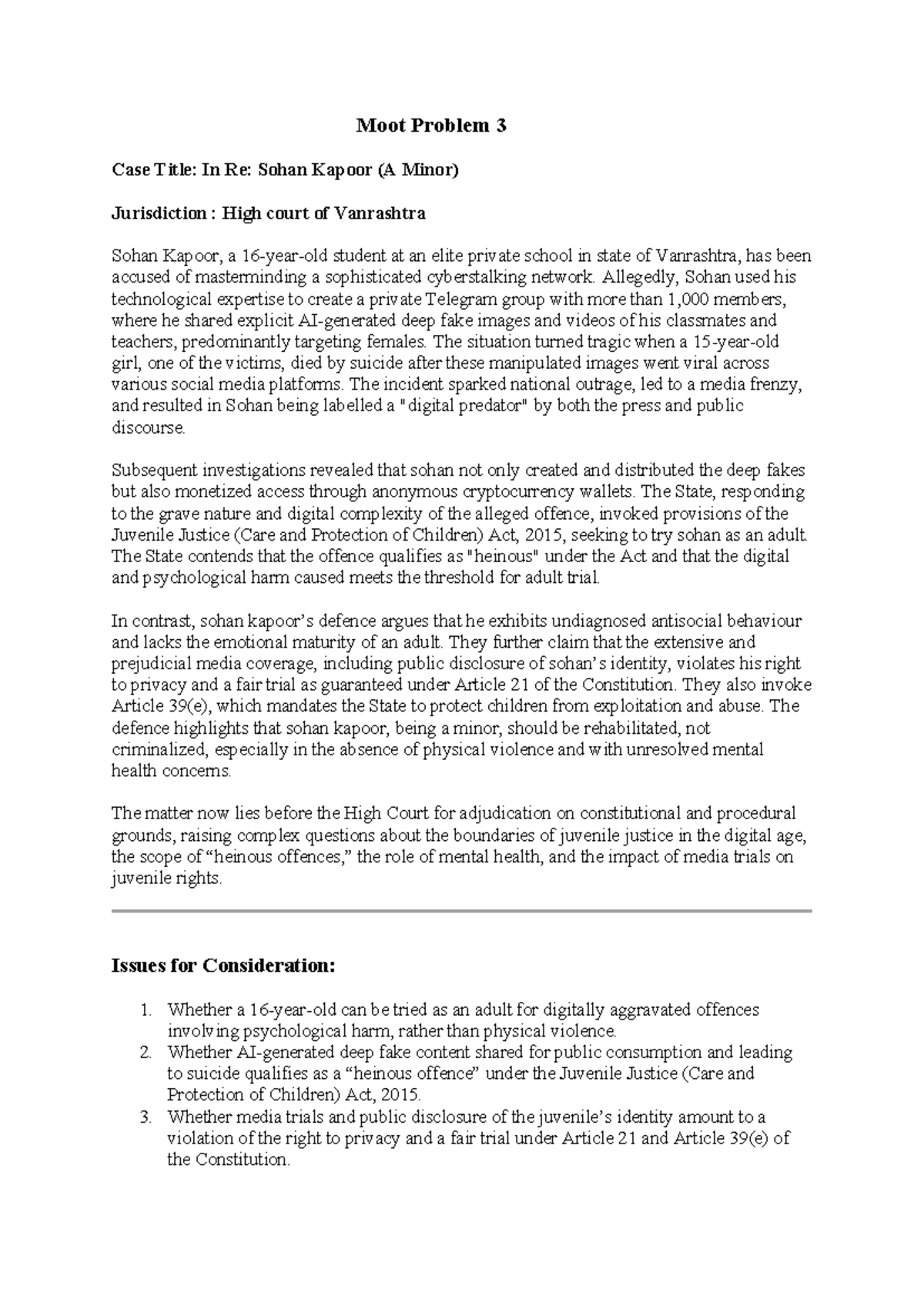 Moot Problem 3: In Re: Sohan Kapoor - Case Study Notes - Studocu