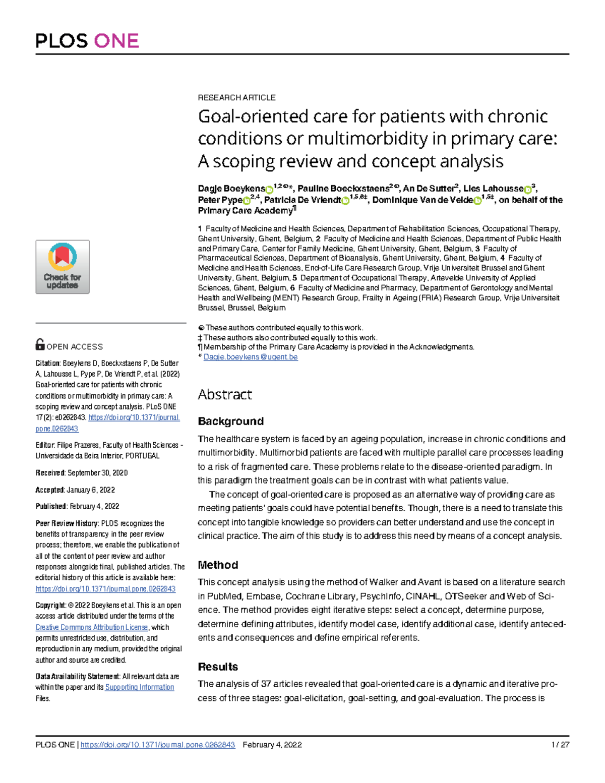 PLOS ONE Research Article: Care for Chronic Conditions in Primary Care ...