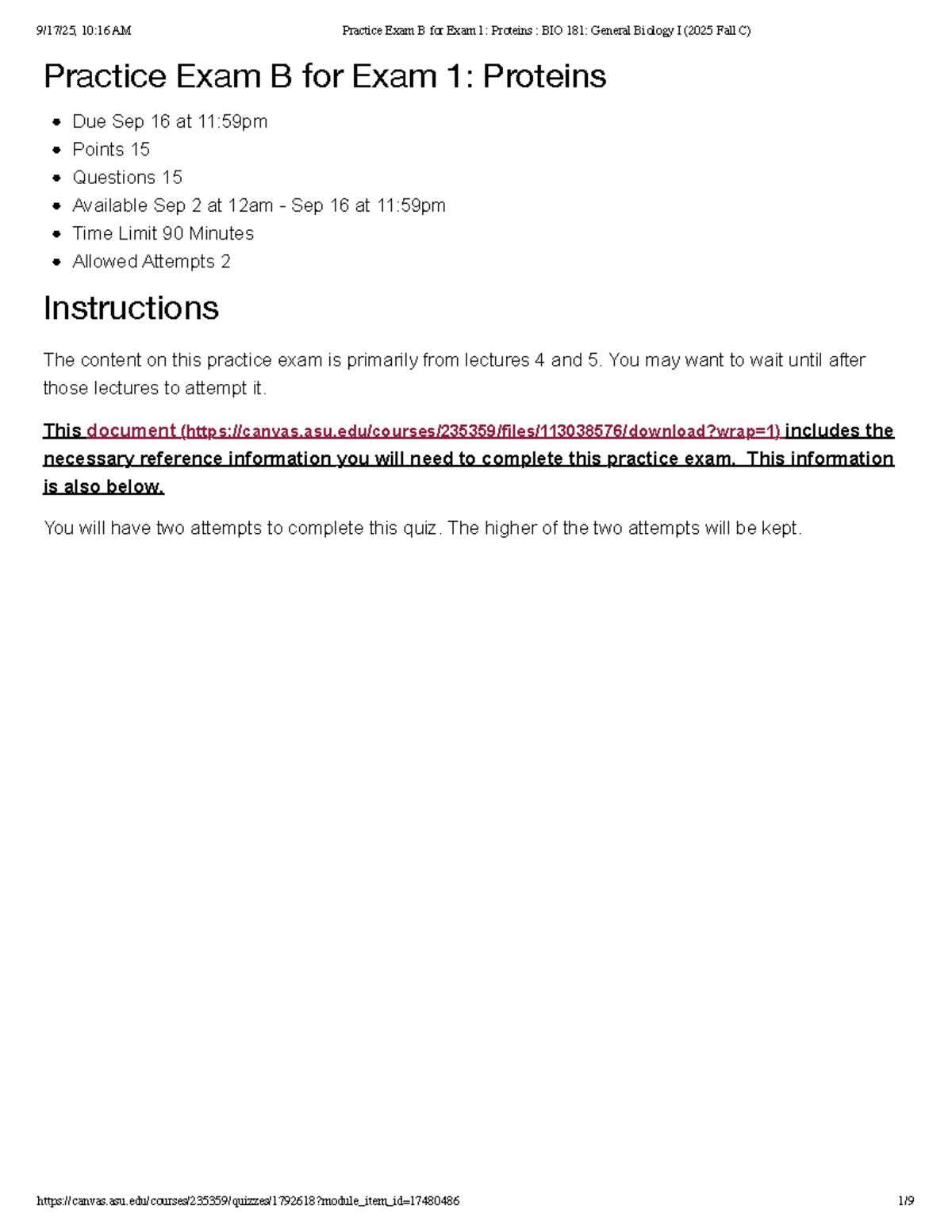 Practice Exam B: Proteins - BIO 181 General Biology I (Fall 2025) - Studocu