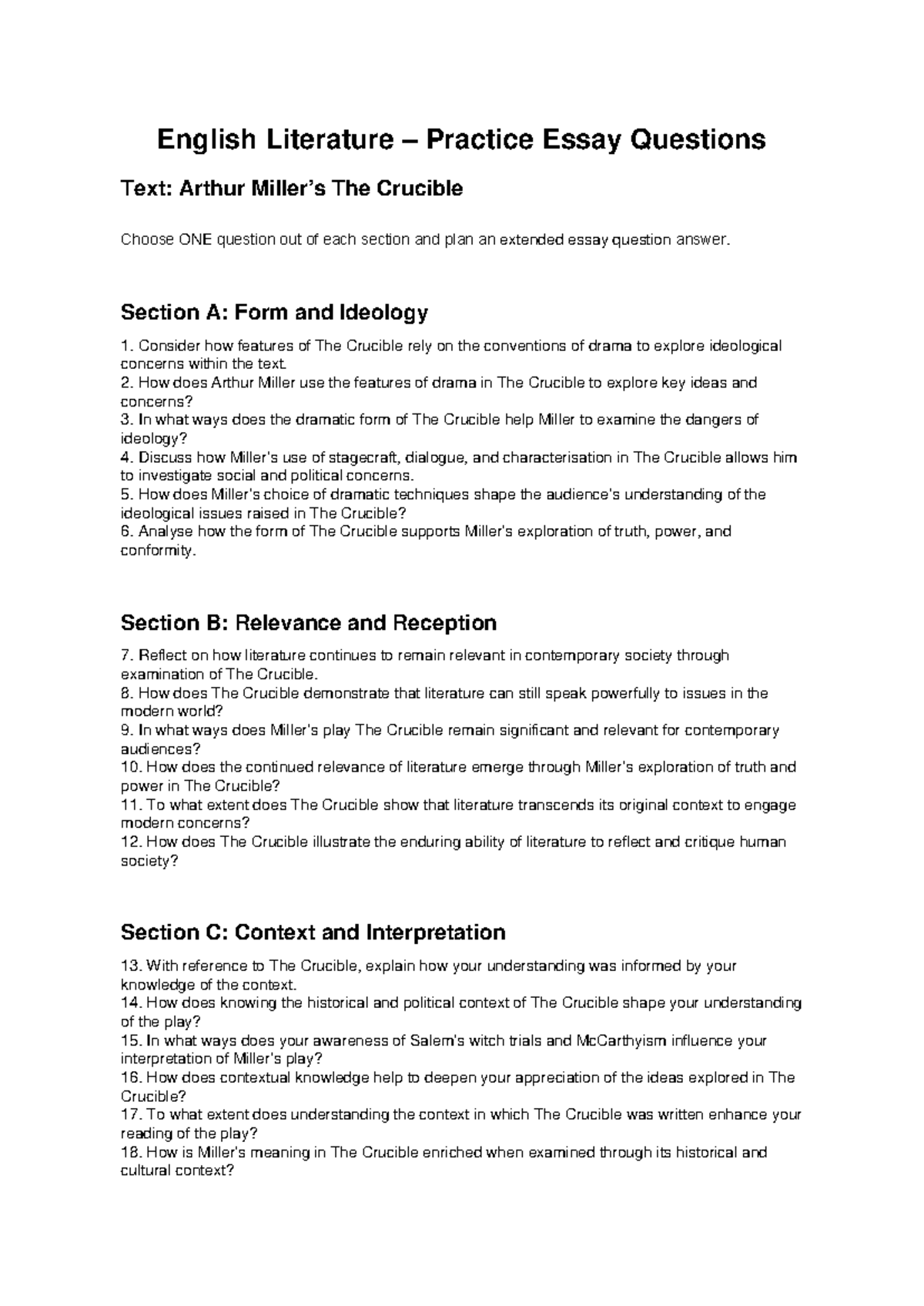 ENG 101: The Crucible Practice Essay Questions and Planning Guide - Studocu