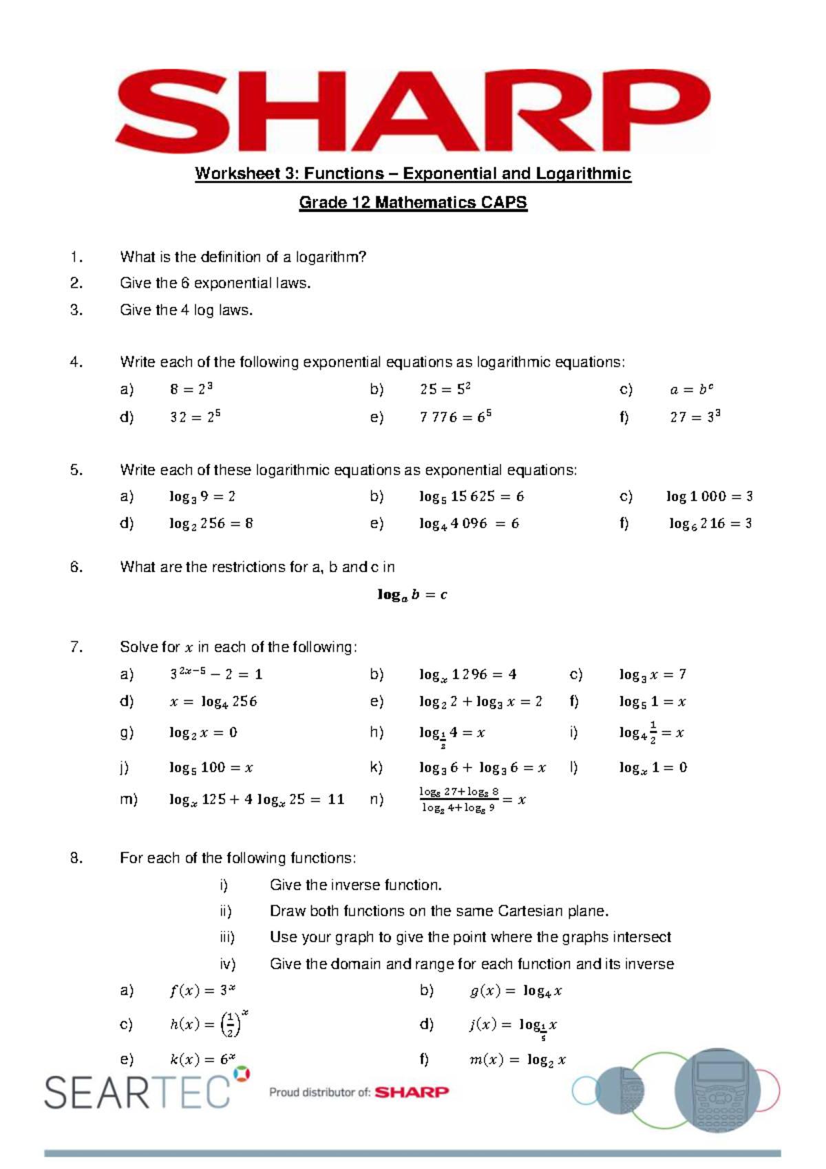 Functions for grade 12 - Worksheet 3: Functions – Exponential and ...