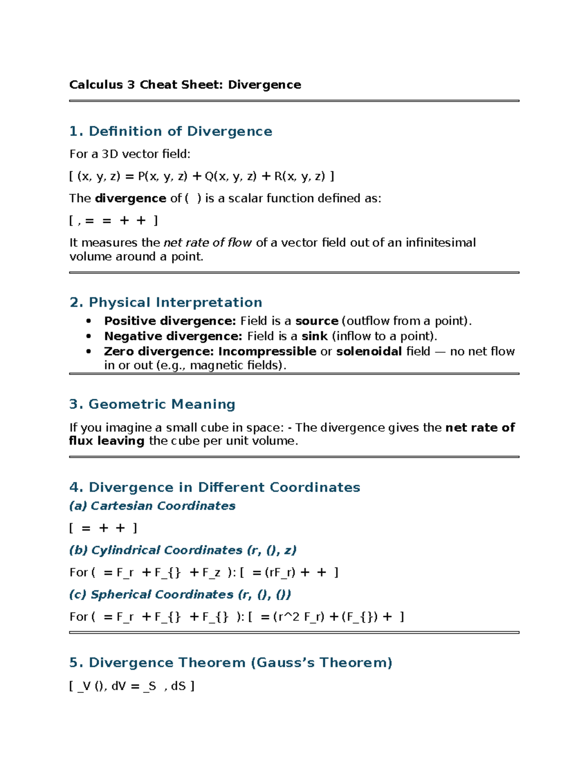 Calculus 3 Cheat Sheet: Understanding Divergence Concepts - Studocu