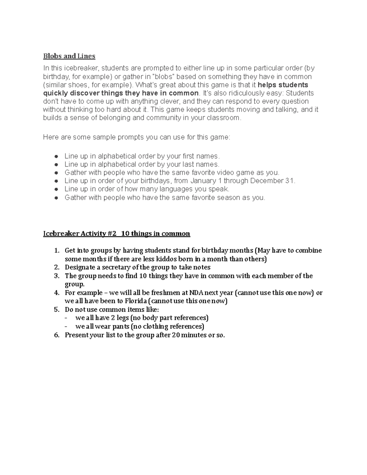 9th Grade Icebreaker Activities: Blobs and Lines - Studocu