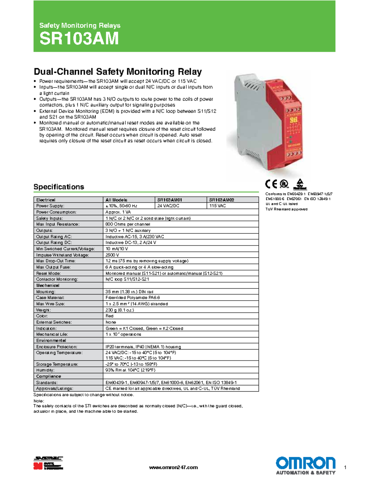 Safety Monitoring Relay SR103AM: Specifications & Applications Guide ...
