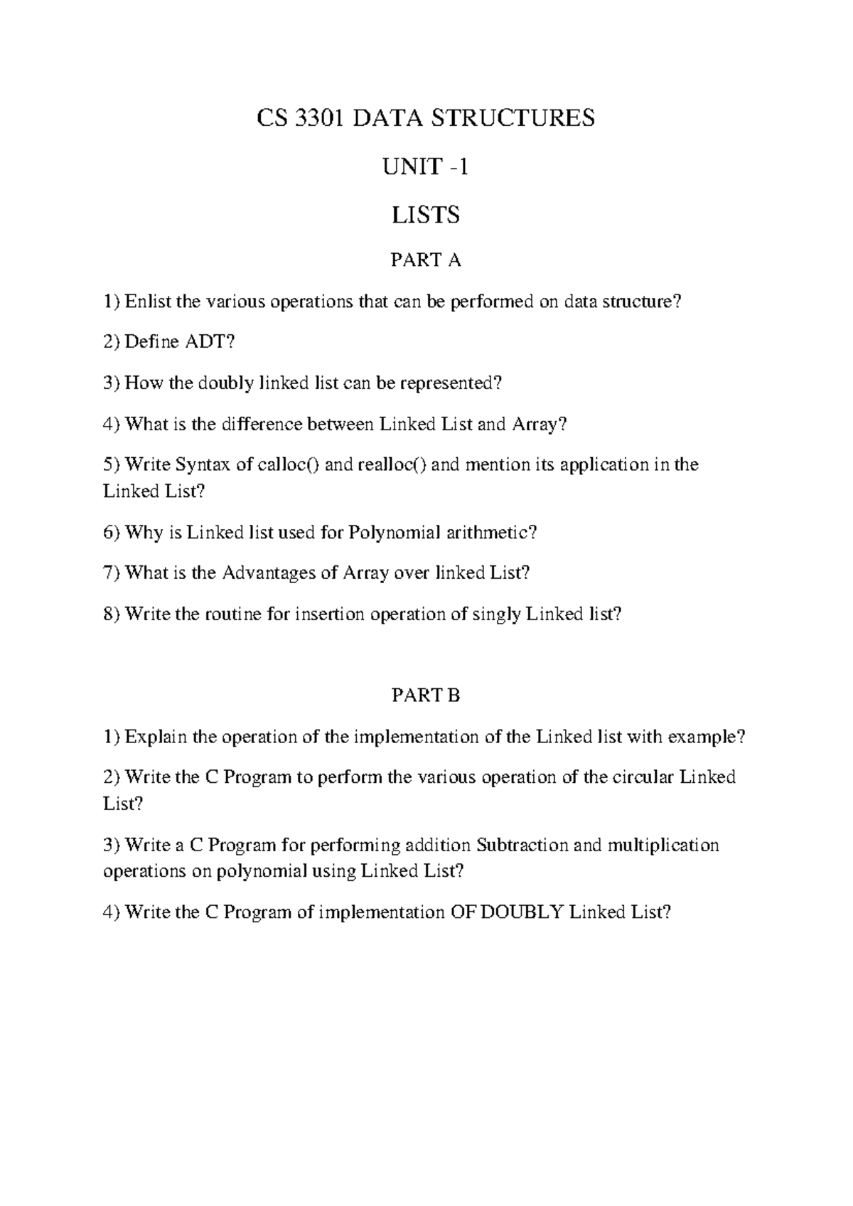 CS 3301 DATA STRUCTURES Important Questions and Concepts - Studocu