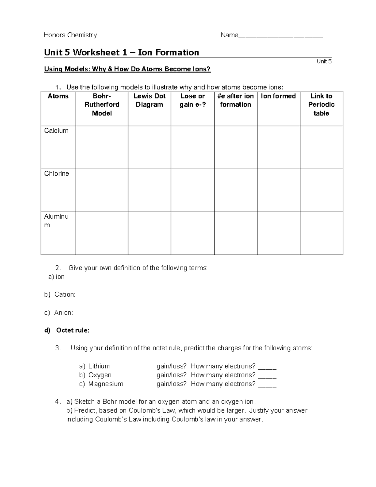 U5 Honors Chemistry Worksheets: Ion Formation & Periodic Trends - Studocu