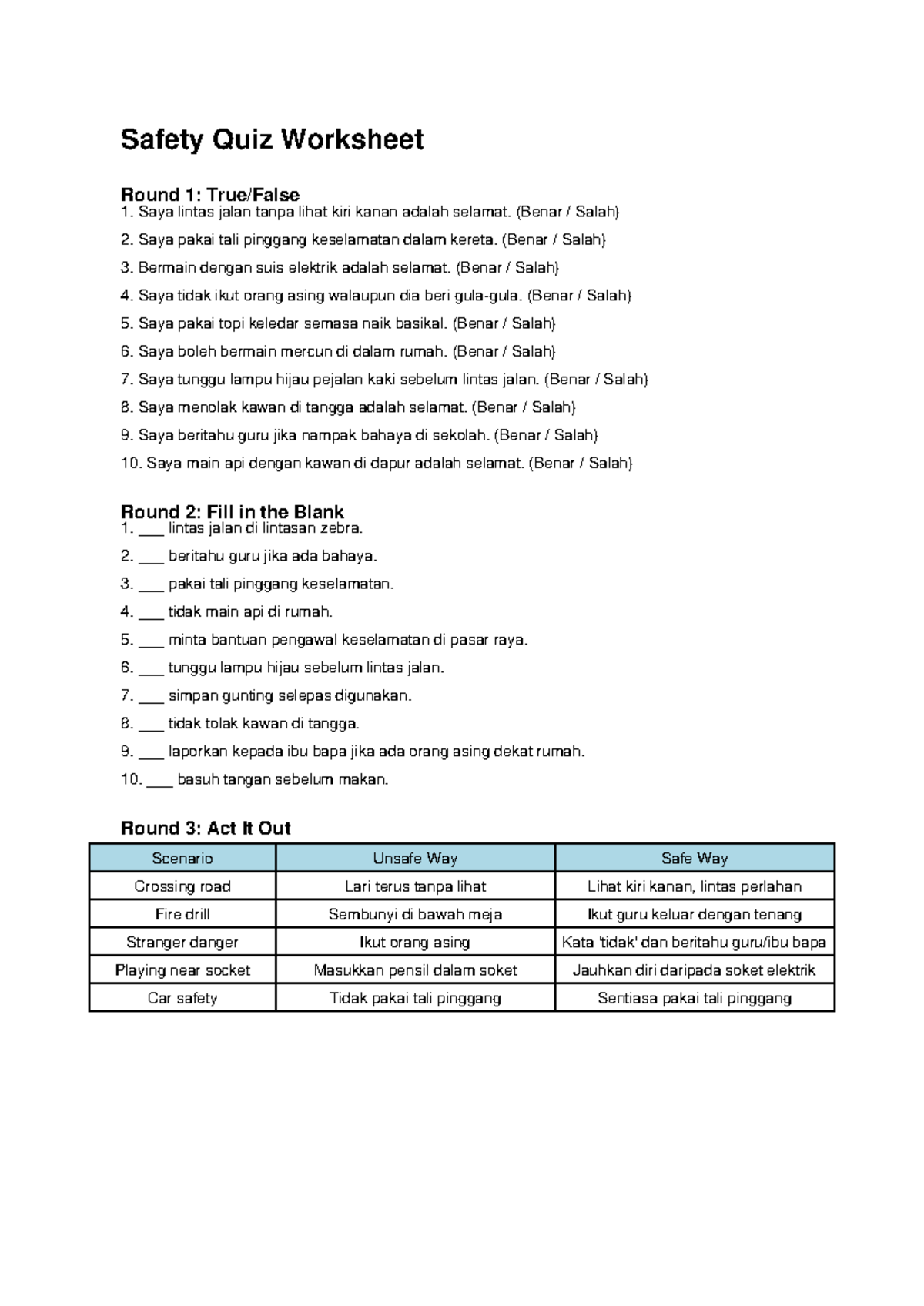 Safety Quiz Worksheet v2: Understanding Safe Practices - Studocu