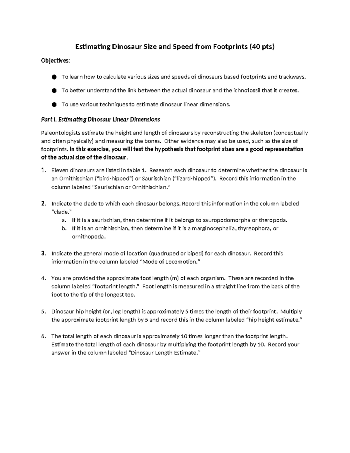 Lab 10: Estimating Dinosaur Size & Speed from Footprints (40 pts) - Studocu