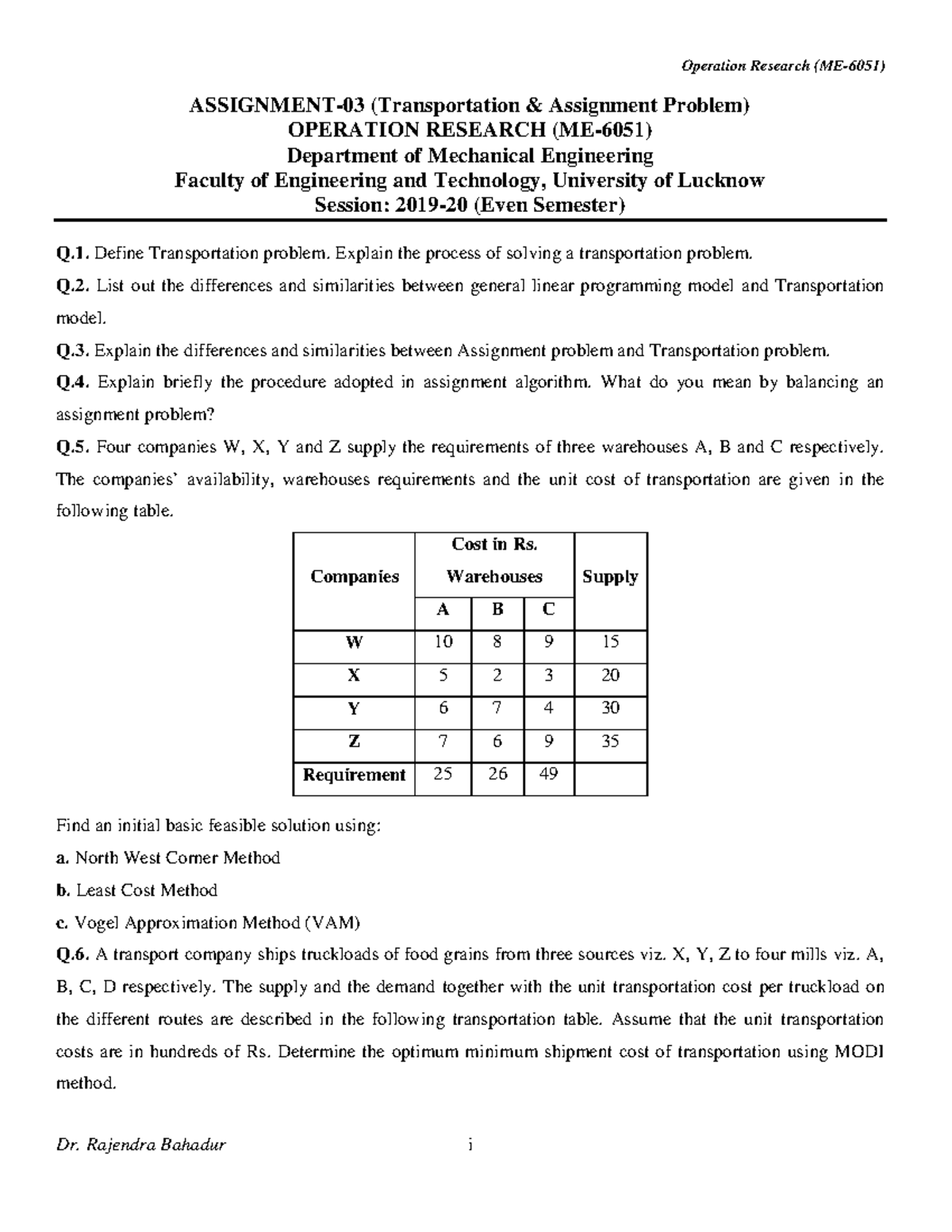 Operation Research (OR) Assignment No-3: Transportation Problem Analysis - Studocu