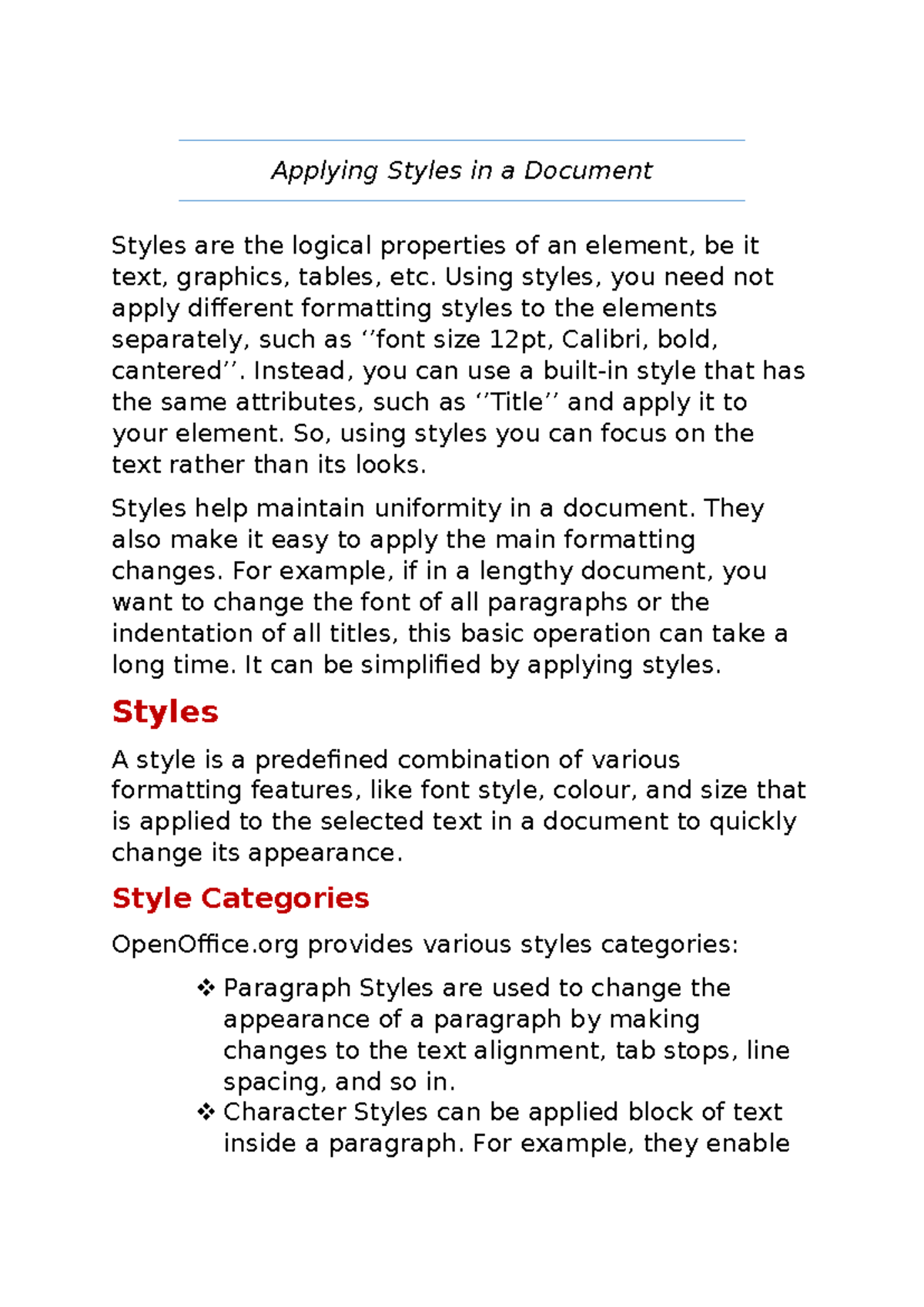Applying Styles in a Document - Applying Styles in a Document Styles ...