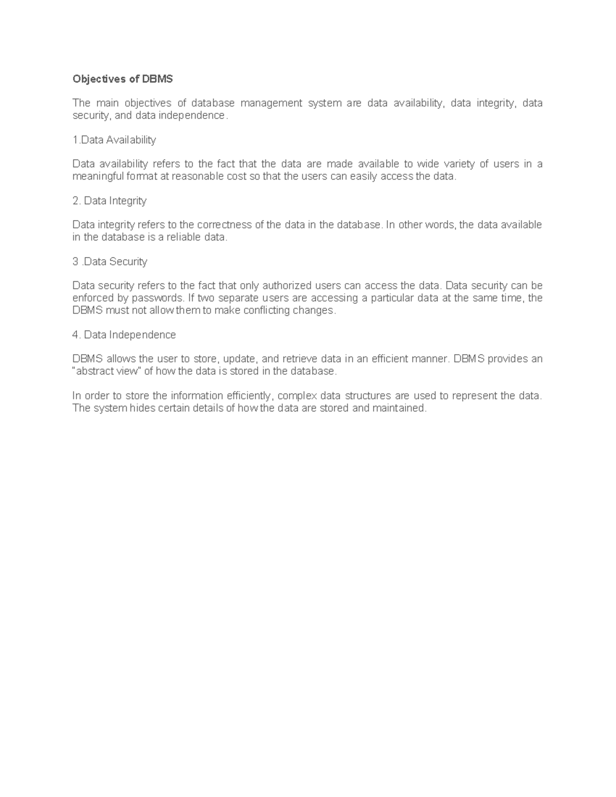 RDBMS Unit I: Key Objectives of Database Management Systems - Studocu